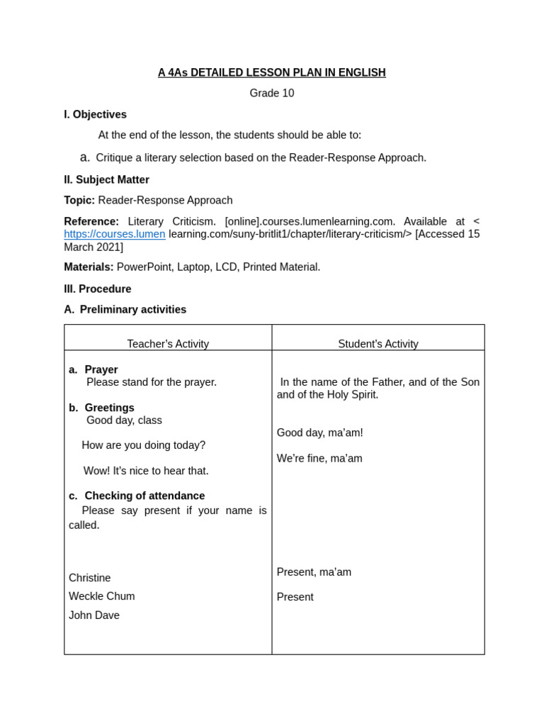 8 Detailed Lesson Plan Las 3 (Reader-Response-Approach) | PDF