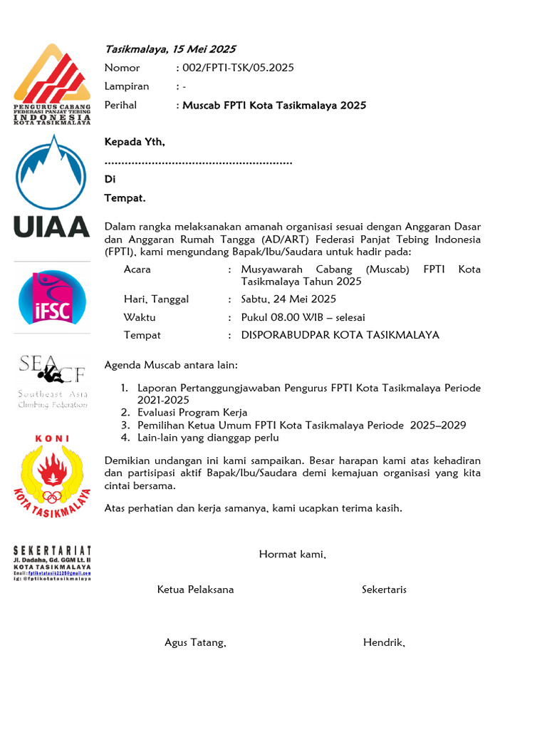 Undangan Muscab FPTI Tasikmalaya 2025 | PDF