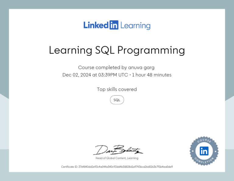 CertificateOfCompletion - Learning SQL Programming | PDF