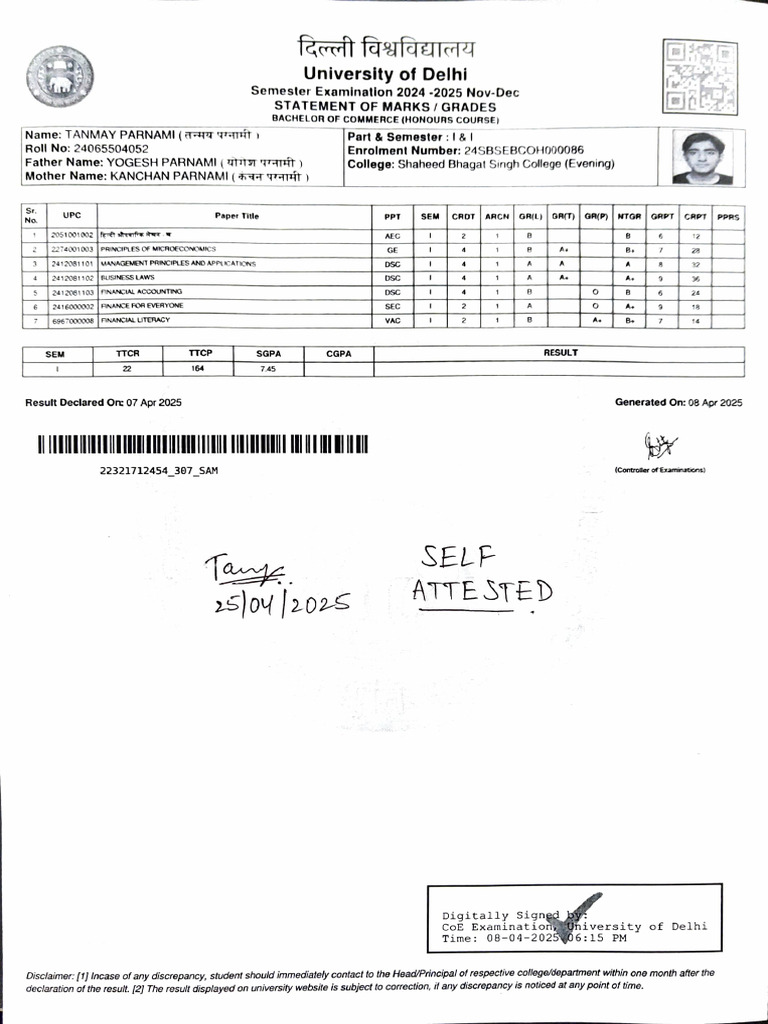 1st Semester Admit Card & Marksheet | PDF