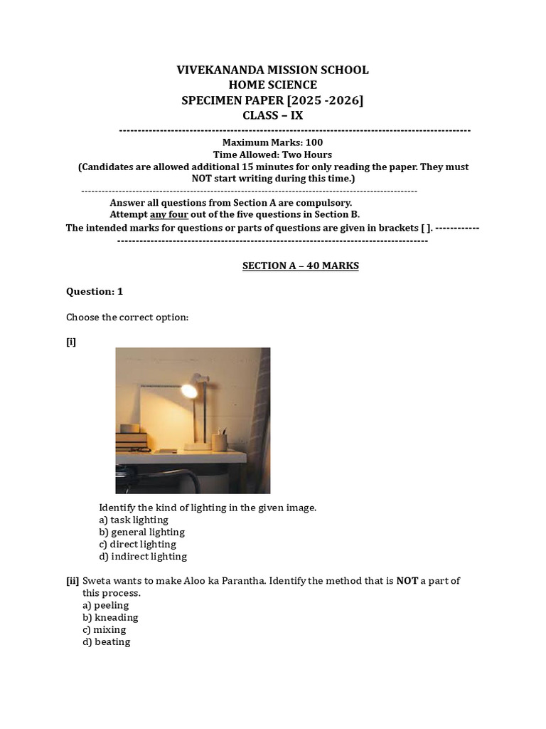 Home Science Class IX Specimen Paper 2025-26 | PDF | Foods | Carbohydrates