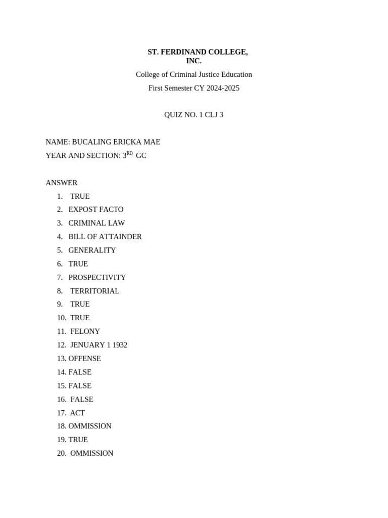 Answer Sheet For Quiz No 1 Pdf