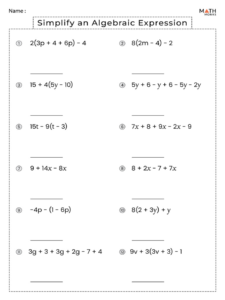 Simplifying Algebraic Expressions Worksheet | PDF