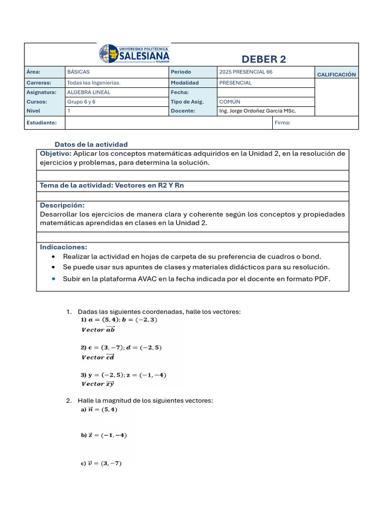 Deber 2 Algebra Lineal. | PDF