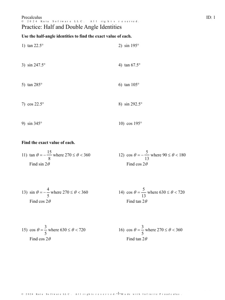 Half and Double Angle Identities | PDF | Trigonometry | Elementary Geometry