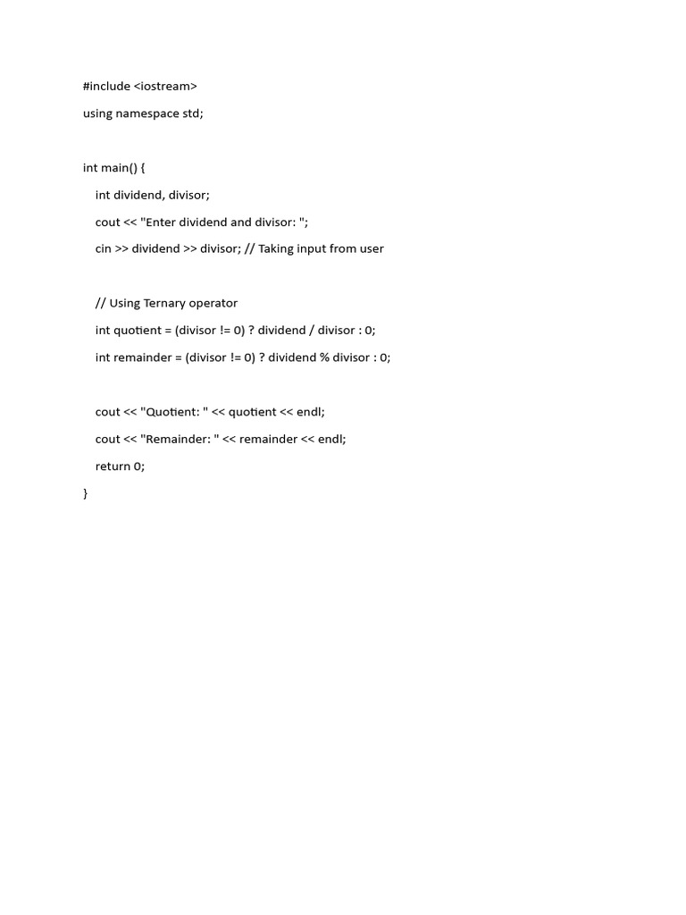 C++ Program To Find Quotient and Remainder Using Ternary Operators | PDF