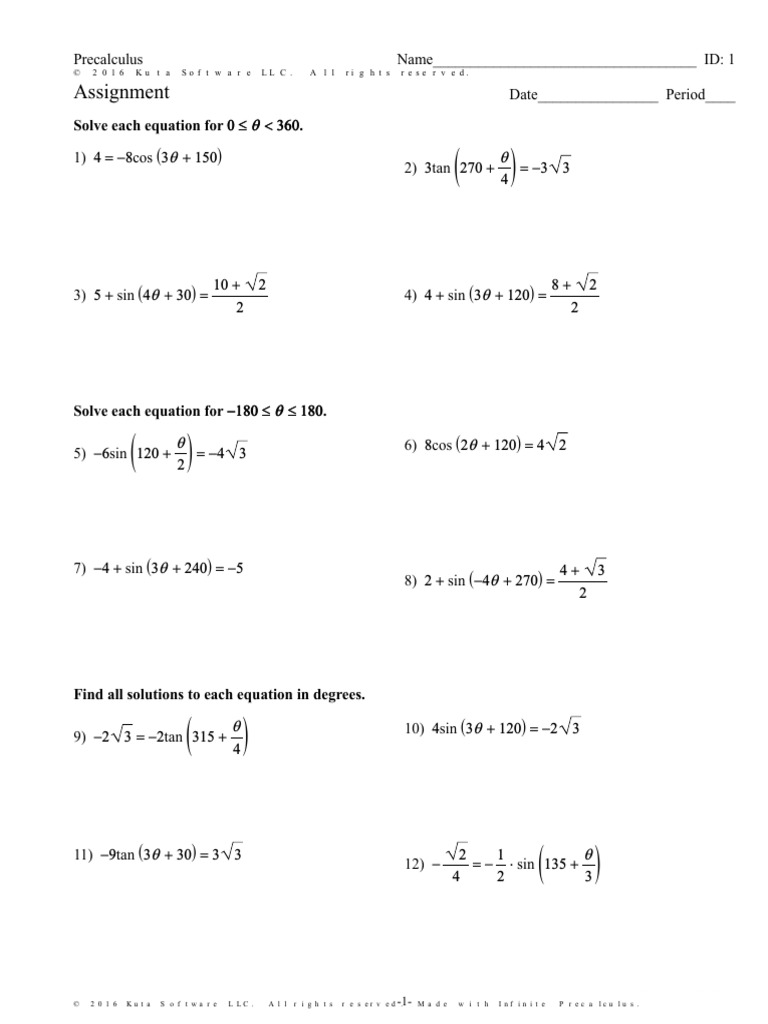 Precalculus Trigonometric Equations Worksheet | PDF | Equations