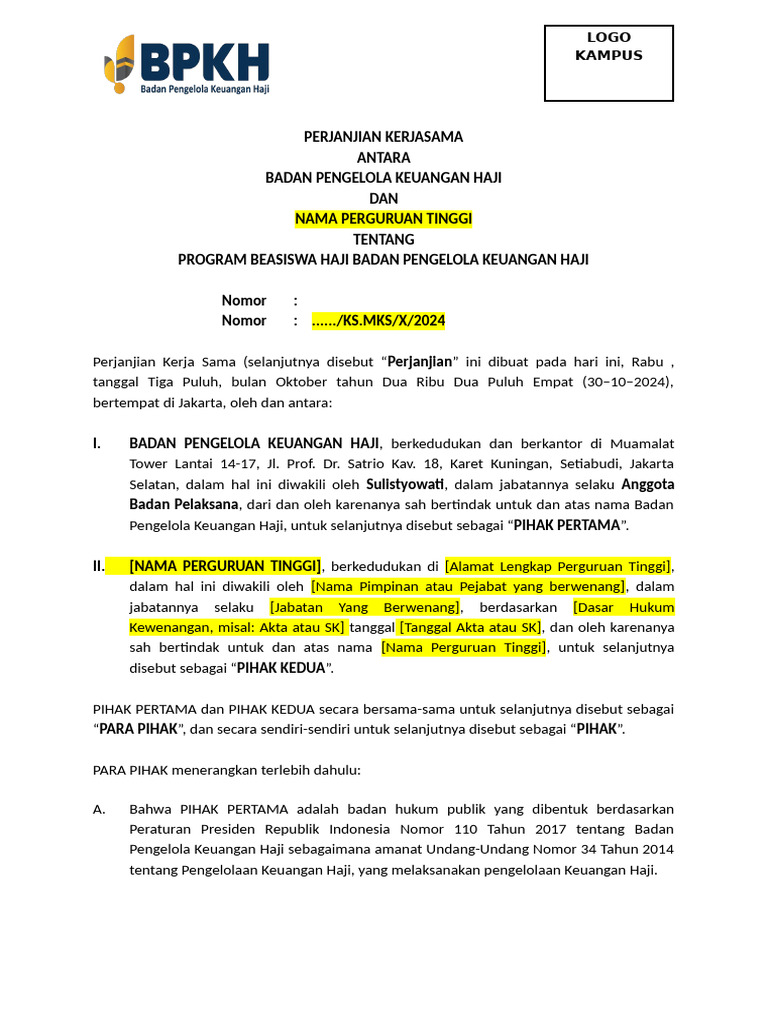 Draft PKS BPKH-Perguruan Tinggi | PDF