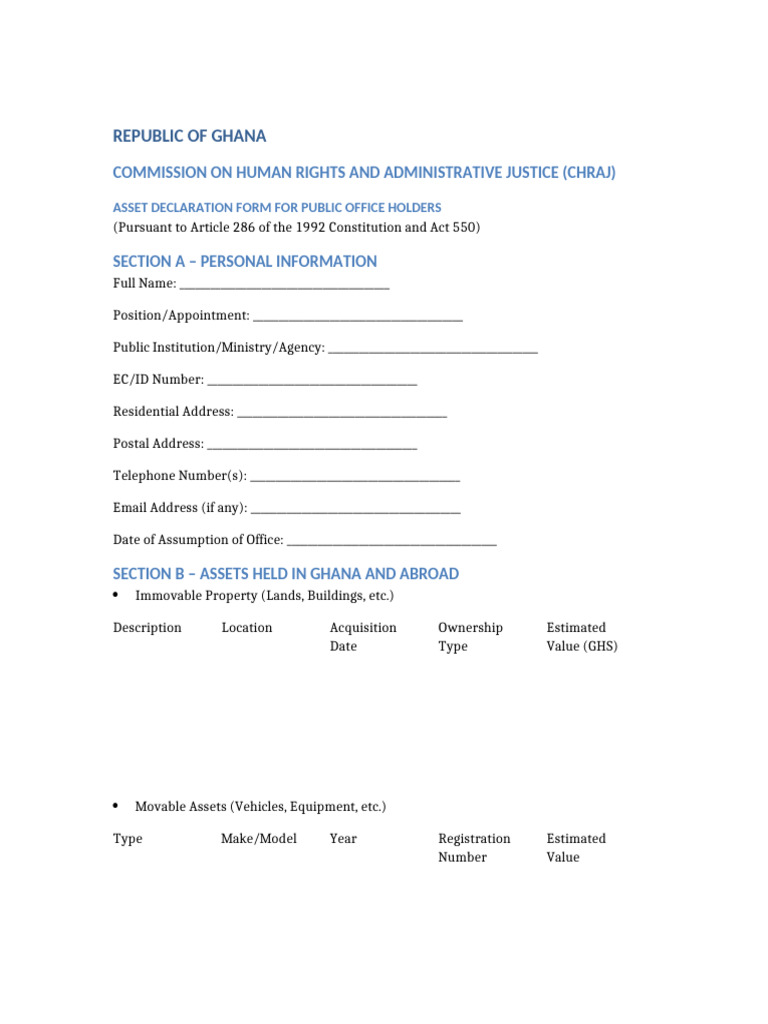 Ghana Asset Declaration Form | PDF | Ownership | Banks