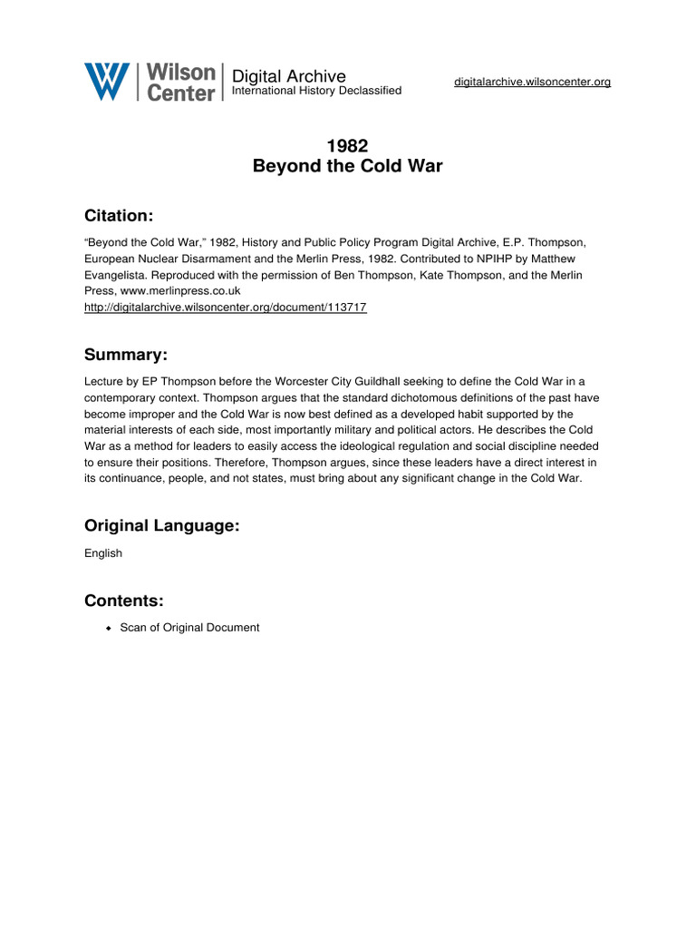 Beyond The Cold War Author E. P. Thompson | PDF | Communism | Soviet Union
