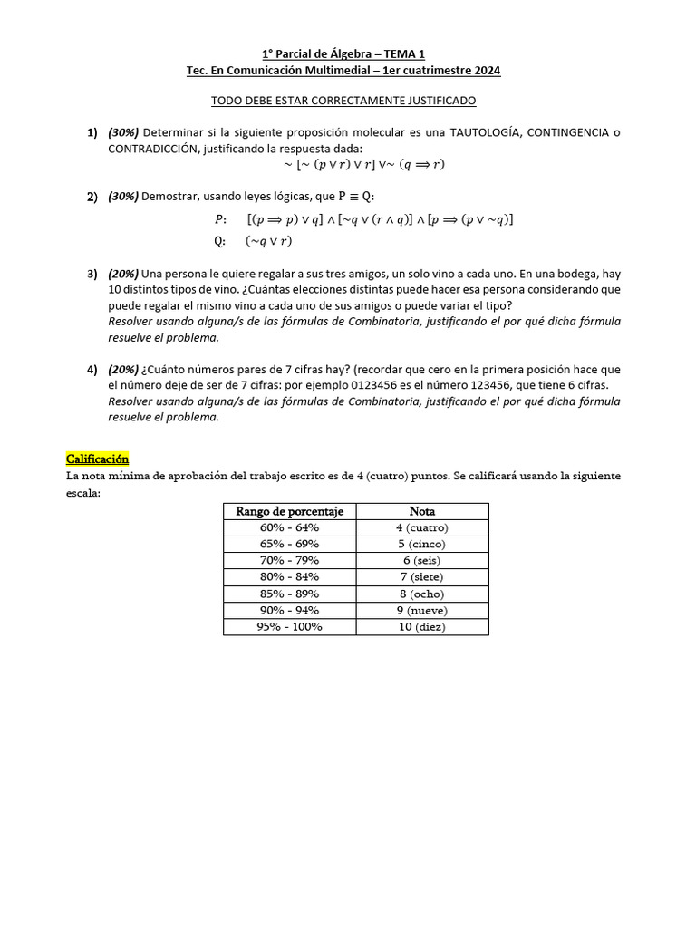 1° PARCIAL de Álgebra 2024 - TEMA 1 | PDF