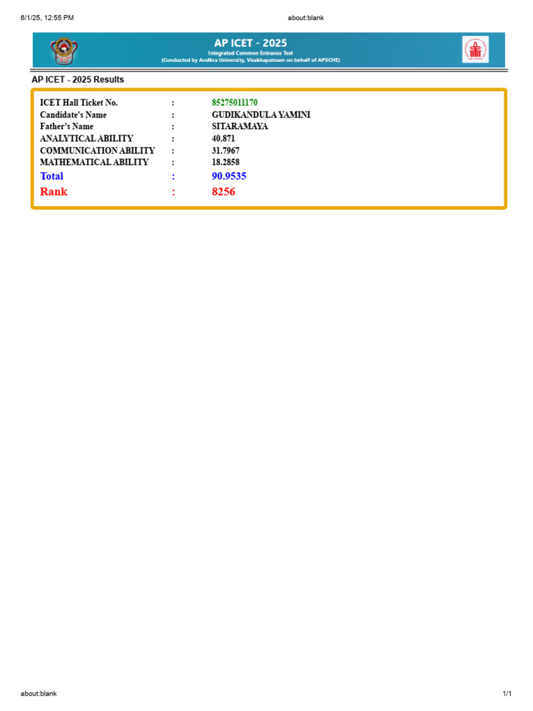 Yamini Icet Result Card | PDF