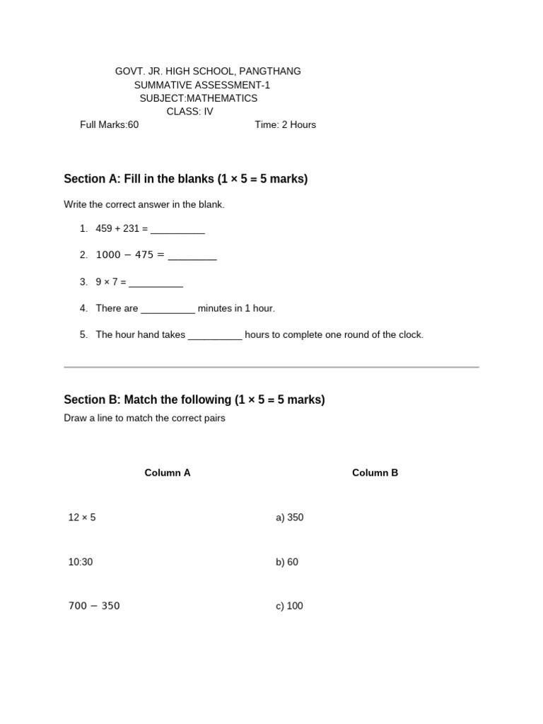 Class 4 Maths Question SA1 | PDF | Subtraction | Elementary Mathematics