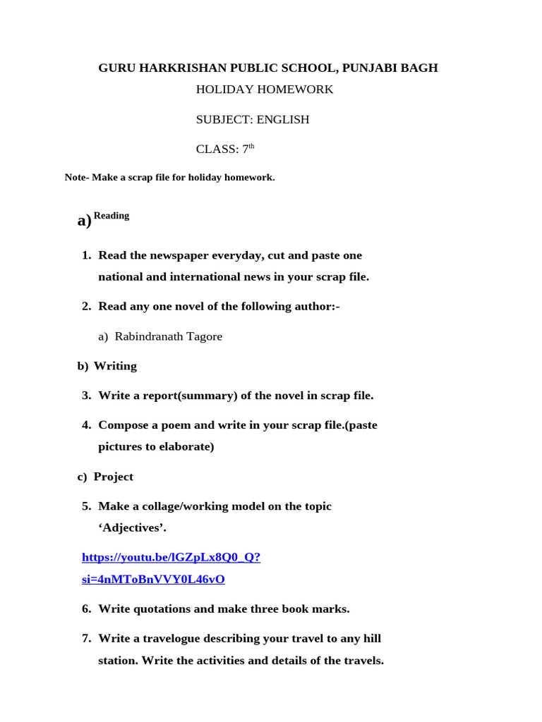 Holiday Homework Class 7 | PDF