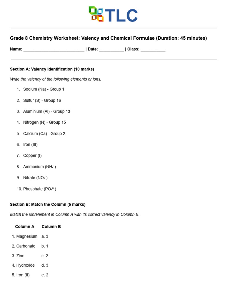 Grade 8 Chemistry Worksheet - Valency and Chemical Formulae | PDF ...
