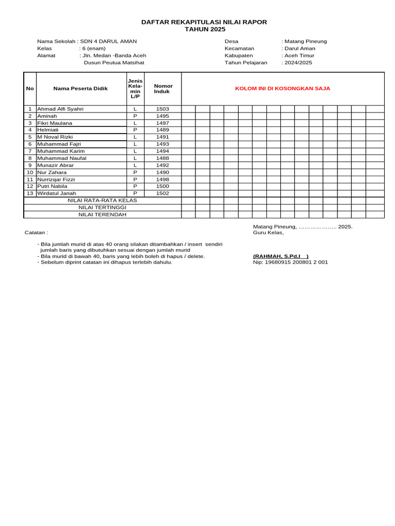 Blanko Perhitungan Nilai Raport Untuk Ijazah 2025 - Kosong | PDF