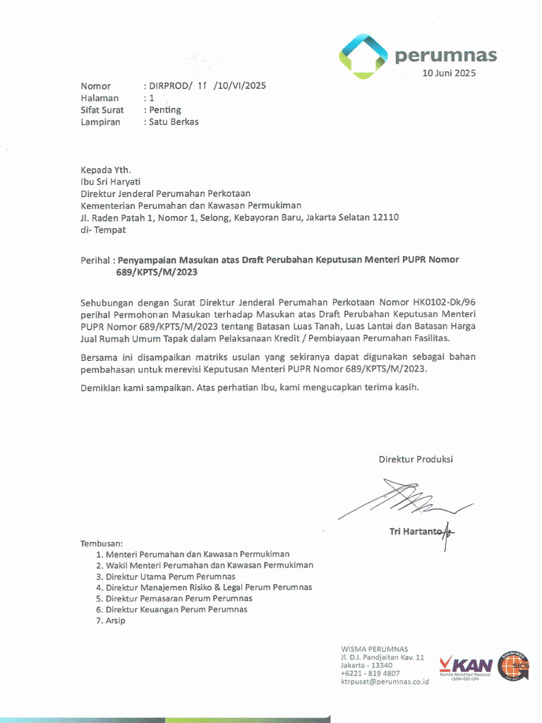 Penyampaian Matriks Usulan Draft Perubahan KepMen 689 Tahun 2023 - Perum Perumnas | PDF