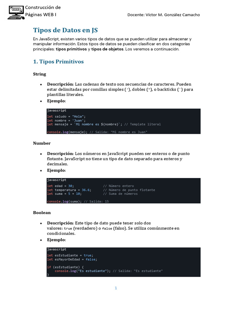 Tipos de Datos en Js | PDF | Tipo de datos | Script Java