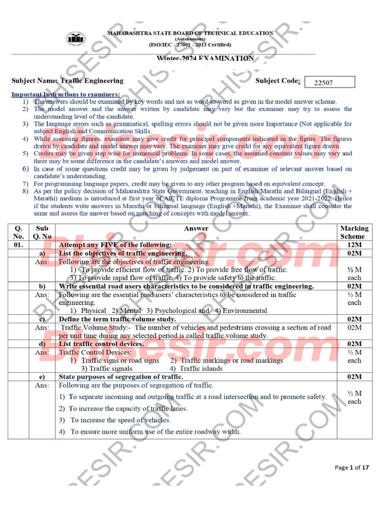 Traffic Engineering Summer 2024 Model Answer. | PDF