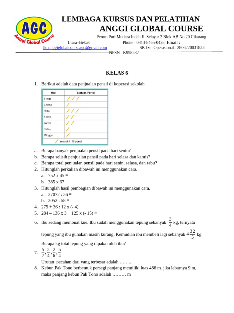 Latihan Matematika Kelas 6 AGC | PDF
