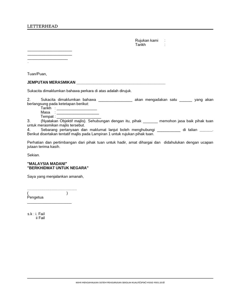 Contoh Surat Panggilan Perasmian | PDF