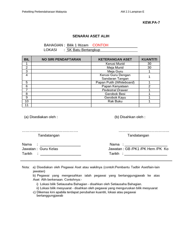 Kew - Pa-7 Borang Senarai Aset Alih | PDF