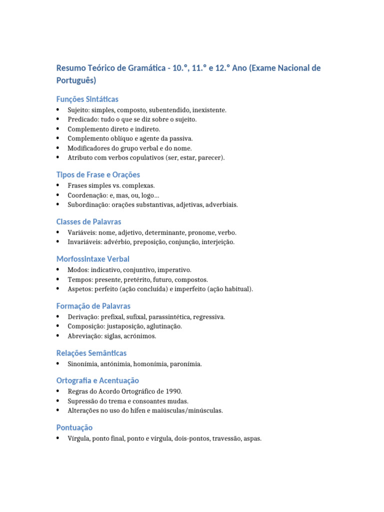 Resumo Gramatica Portugues Secundario | PDF