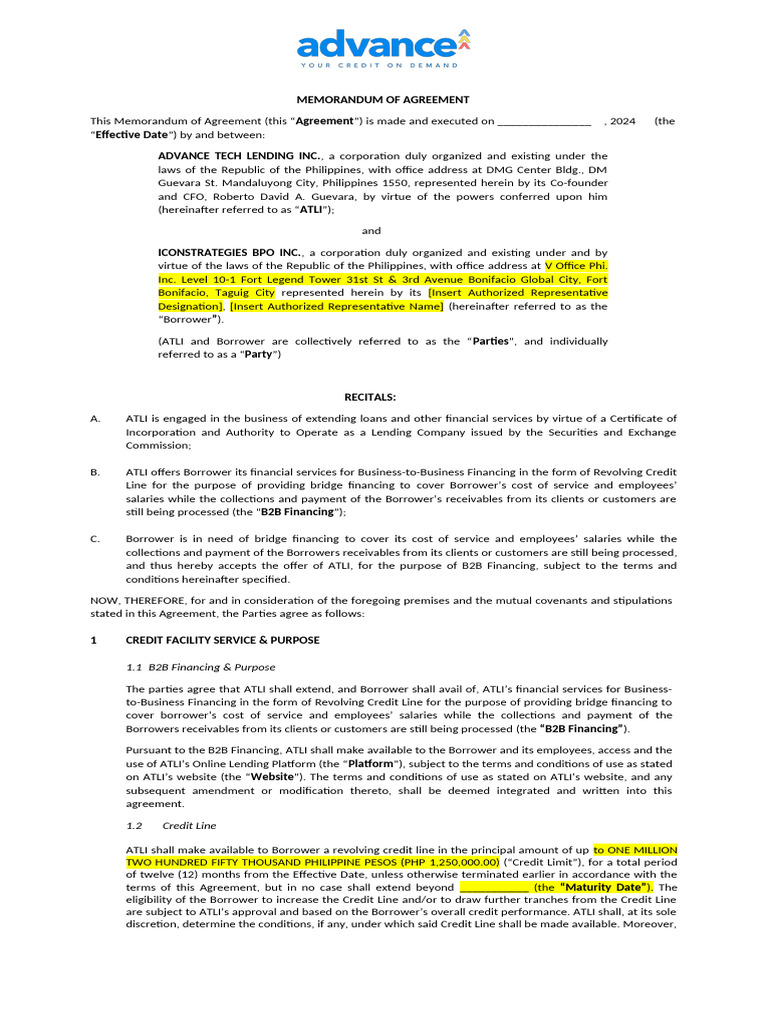 Payroll Finance MOA - Template | PDF | Debt | Interest