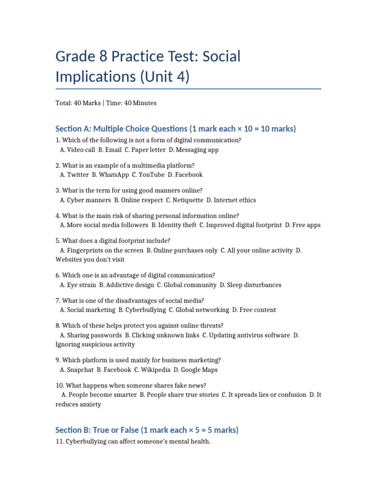 Grade 8 Social Implications Practice Test | PDF | Social Media ...