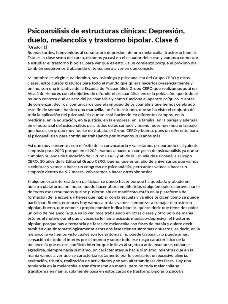Psicoan Ílisis de Estructuras CL ¡Nicas Depresi N, Duelo, Melancol ¡A y Trastorno Bipolar. Clase ...