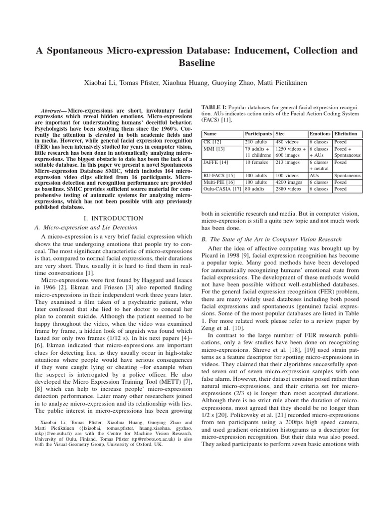 A Spontaneous Micro-Expression DatabaseInducement, Collection and Baseline | PDF | Facial ...