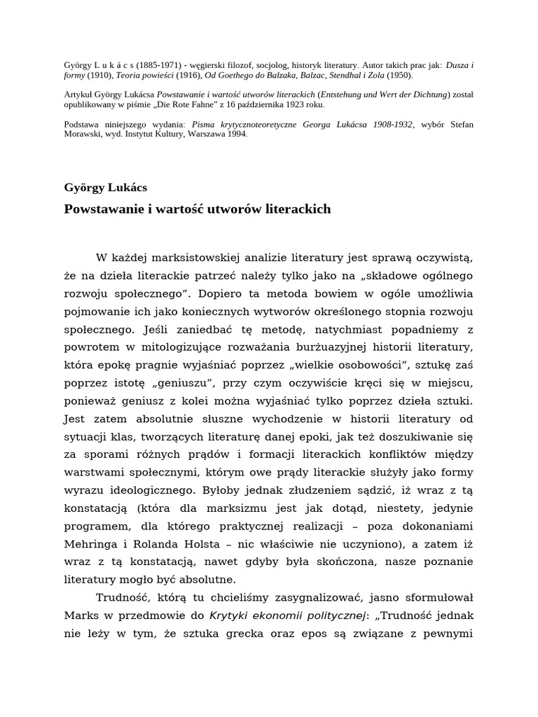 Gyorgy Lukacs - Powstawanie I Wartości Utworów Literackich (1923) | PDF
