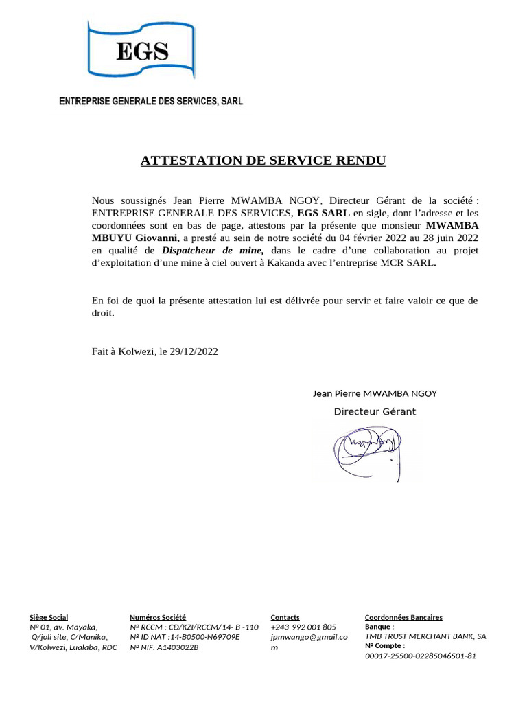 Attestation de Service Rendu | PDF