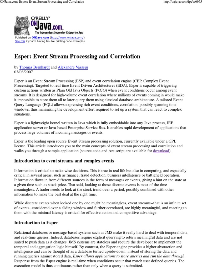 Com Esper Event Stream Processing And Correlation Pdf Databases