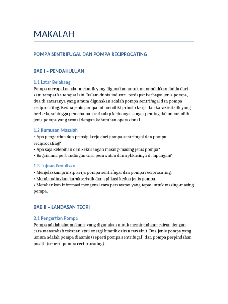 Perbandingan Pompa Sentrifugal dan Reciprocating | PDF