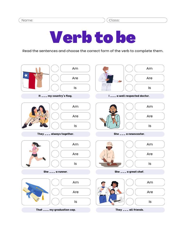 Blue White Simple Illustrative Verb To Be Grammar Worksheet PDF | PDF