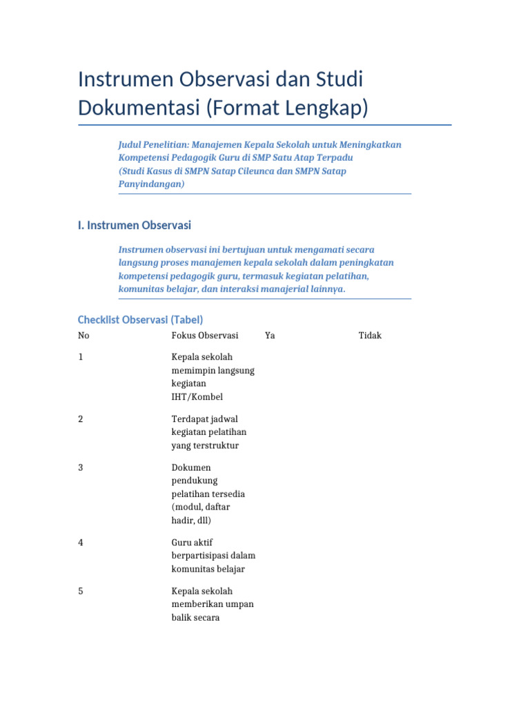 Instrumen Observasi Studi Dokumentasi Lengkap | PDF