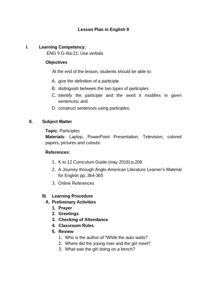 Semi Detailed Lesson Plan Participles Demo | PDF | Lesson Plan ...