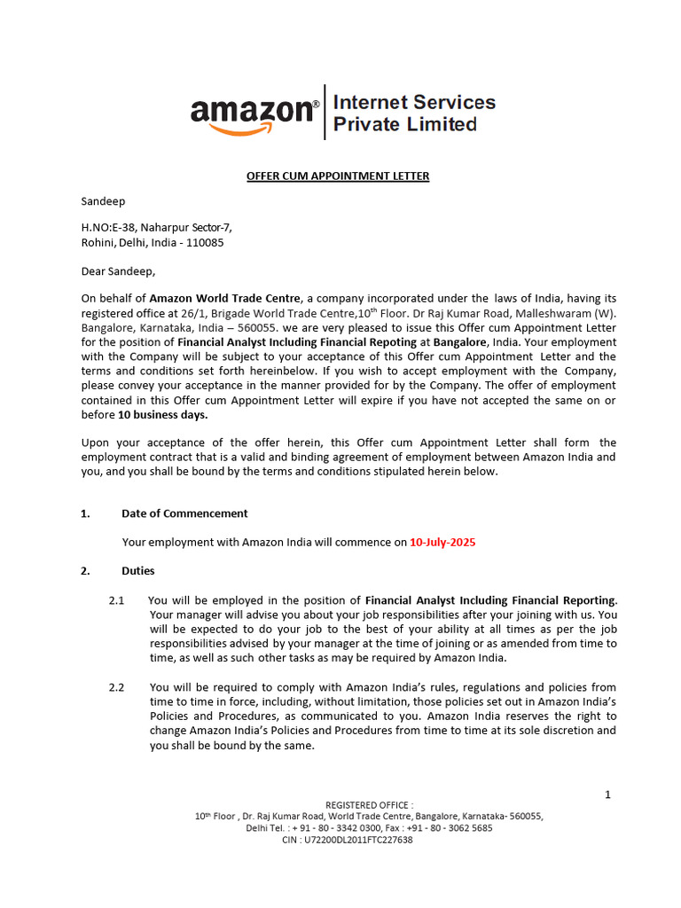 Amazon Offer Letter for Financial Analyst | PDF | Legal Remedy ...