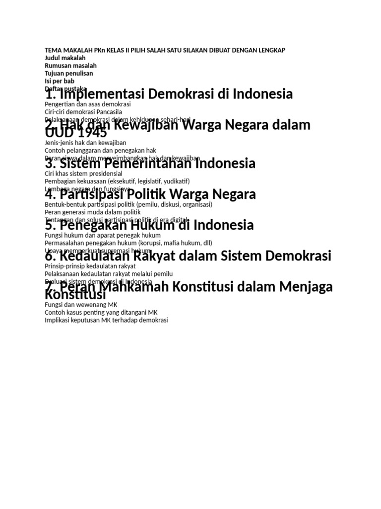 Tema Makalah PKN Kelas II Pilih Salah Satu Silakan Dibuat Dengan... | PDF