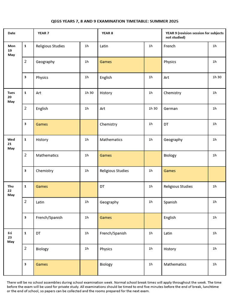 QEGS Year 7, 8, 9 Exam Timetable 2025 | PDF | Vocational Education ...