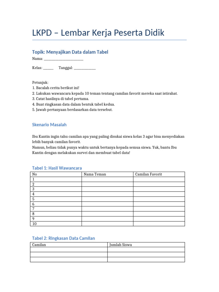 LKPD PBL Menyajikan Data Camilan | PDF
