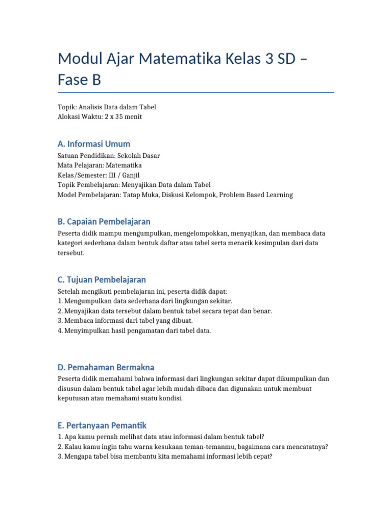 Modul Ajar PBL TatapMuka Menyajikan Data Tabel | PDF