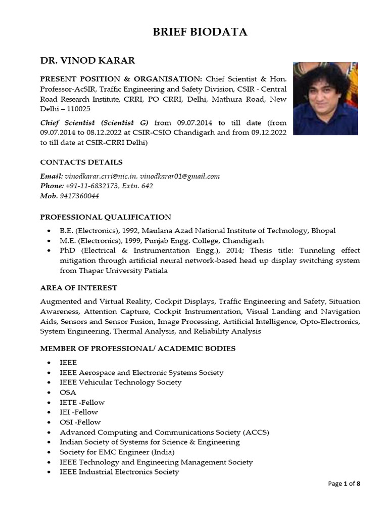 Biodata Vinod Karar CRRI | PDF | Augmented Reality