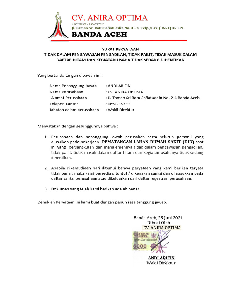 Surat Pernyataan Perusahaan | PDF