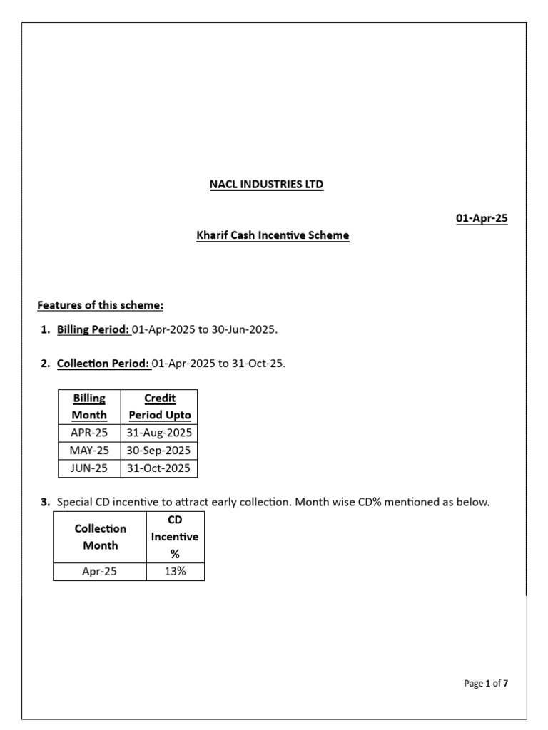 NACL - Kharif Cash Incentive Scheme Q1 - 2025-26 NACL | PDF | Credit ...