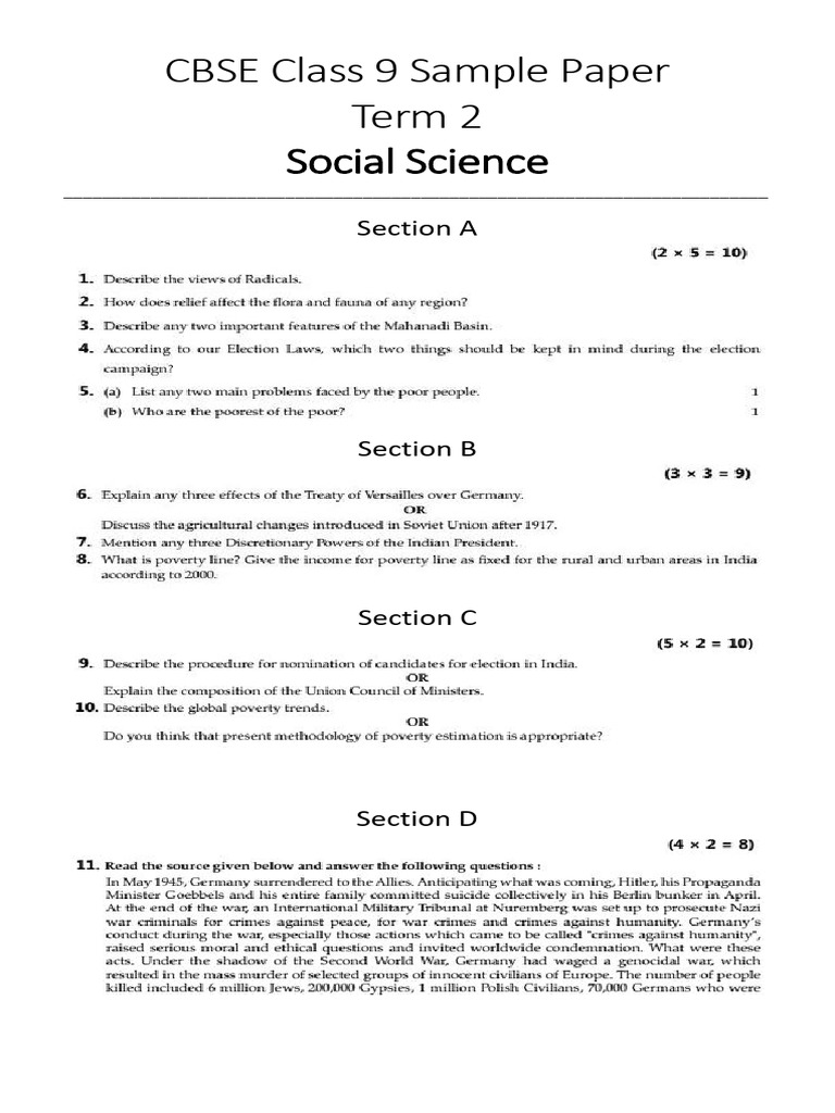CBSE Class 9 Sample Paper Term 2 Social Science: Section A | PDF