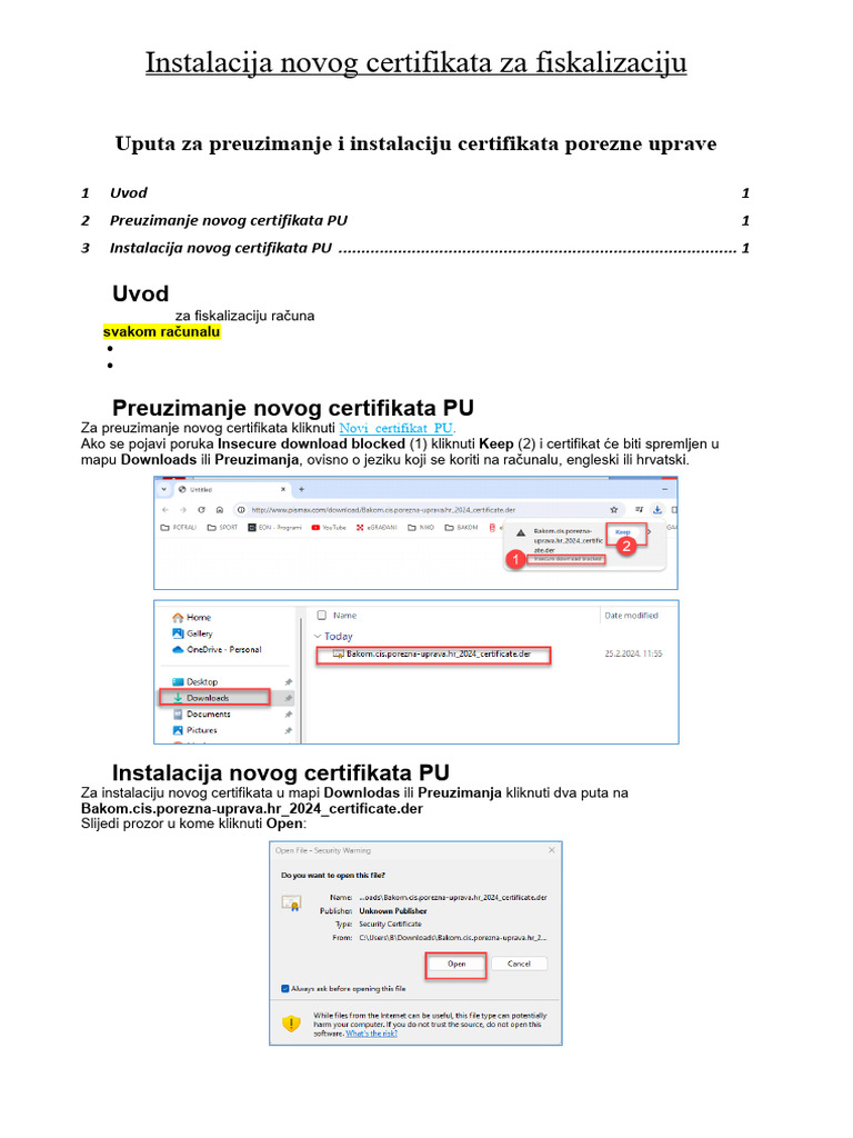 Uputa Za Preuzimanje Certifikata Porezne Uprave | PDF