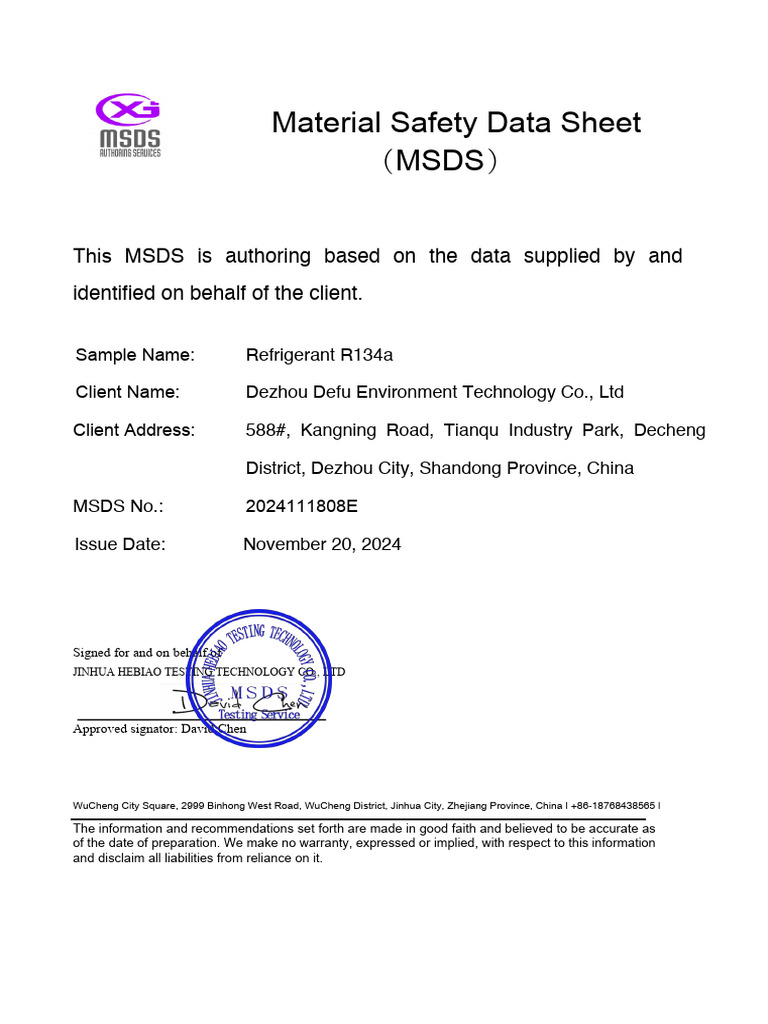 R134a Refrigerant MSDS Overview | PDF | Occupational Safety And Health ...