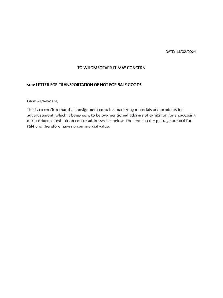 Not for Sale Transport Declaration | PDF